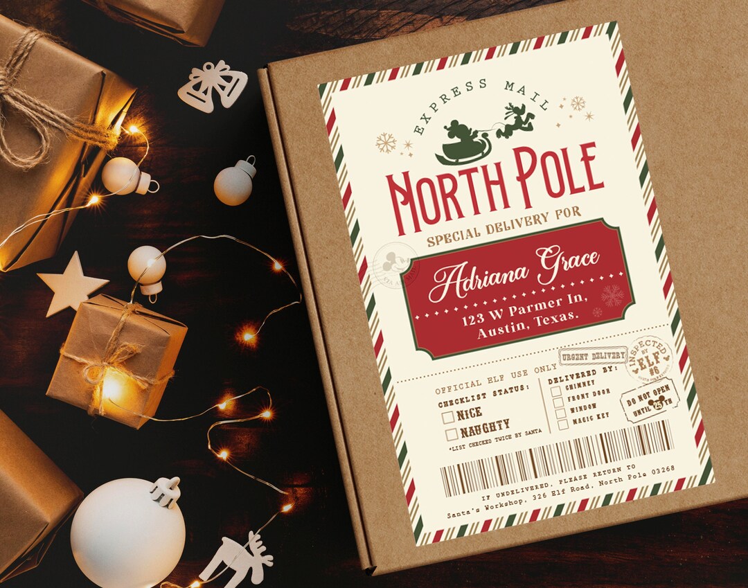Editable Mickey Mail Shipping Labels, North Pole Mail Sticker Label ...