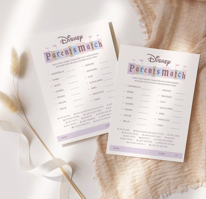 Printable Disney Parents Match, Babyland Baby Shower Games, Disneyland ...