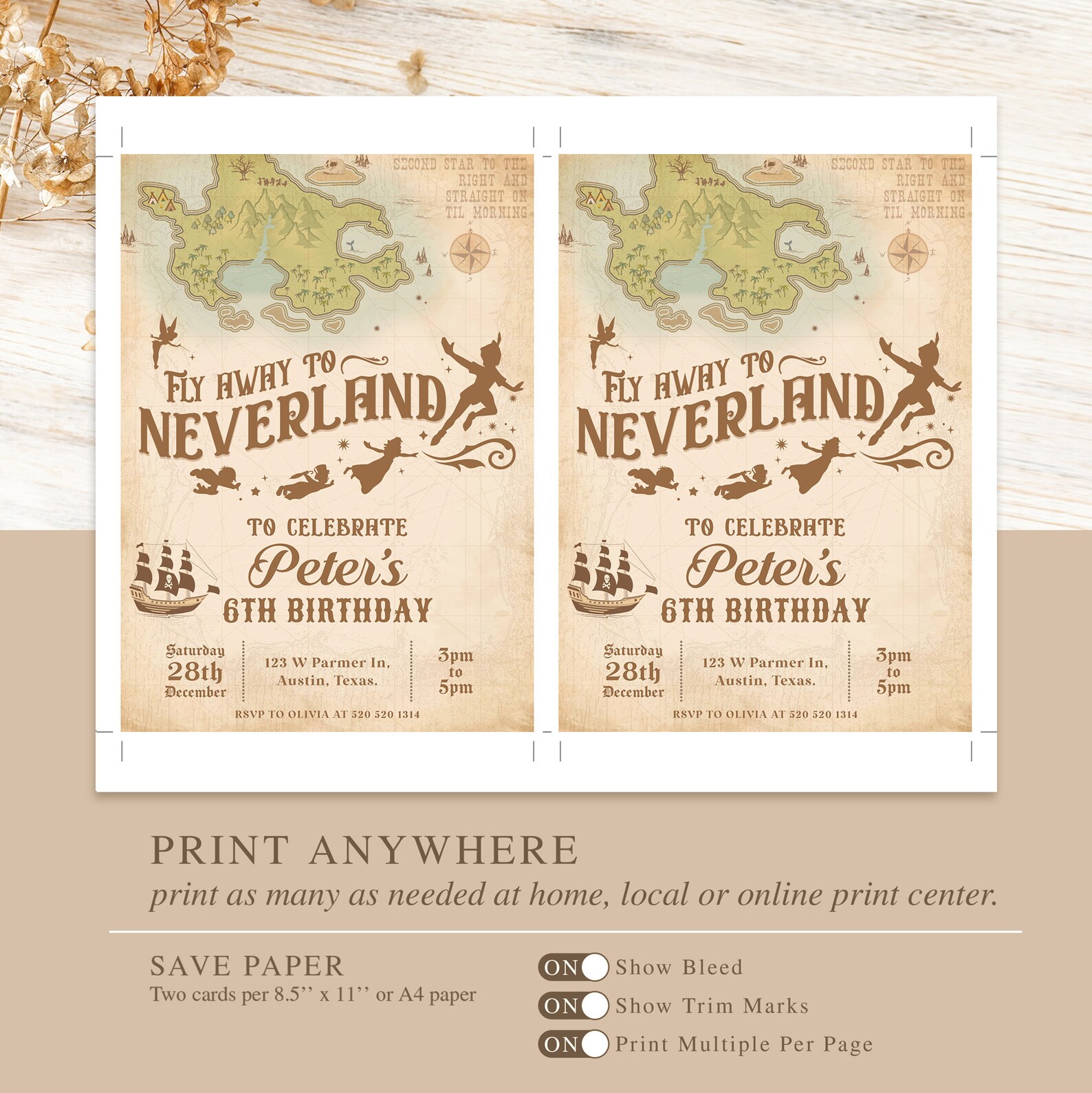 Peter Pan Birthday Invitation, Neverland Birthday Invitation, Never ...
