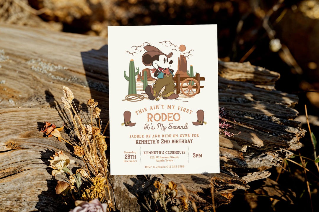 Mickey Second Rodeo Birthday Invitation, Mickey Cowboy Birthday ...