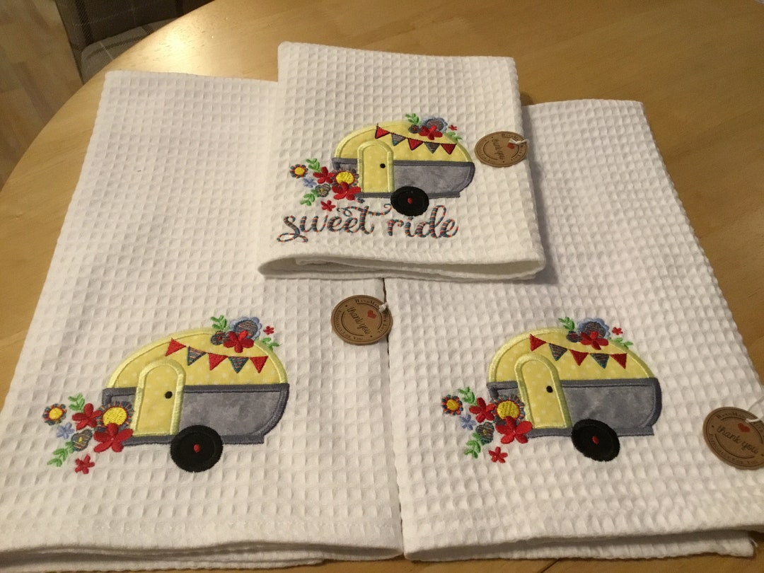 Appliquéd and Embroidered Caravan Themed Tea Towels - Etsy UK