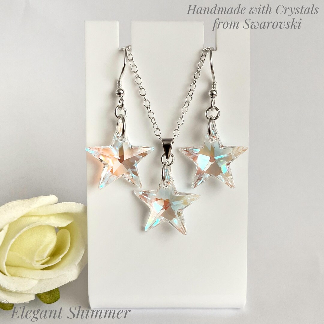 Sterling Silver Star Necklace and Earrings Set With Swarovski 20mm Blue ...