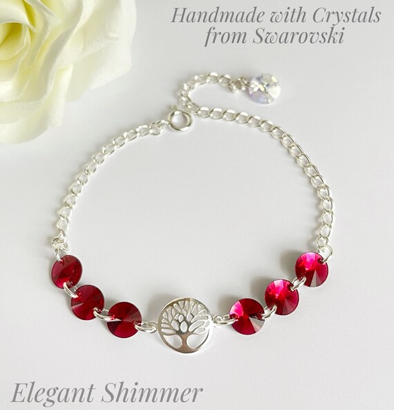 Sterling Silver Tree of Life Bracelet With Swarovski 8mm Scarlet Crystals. Tree of Life. Red Sterling Silver Bracelet. Adjustable Bracelet. Etsy