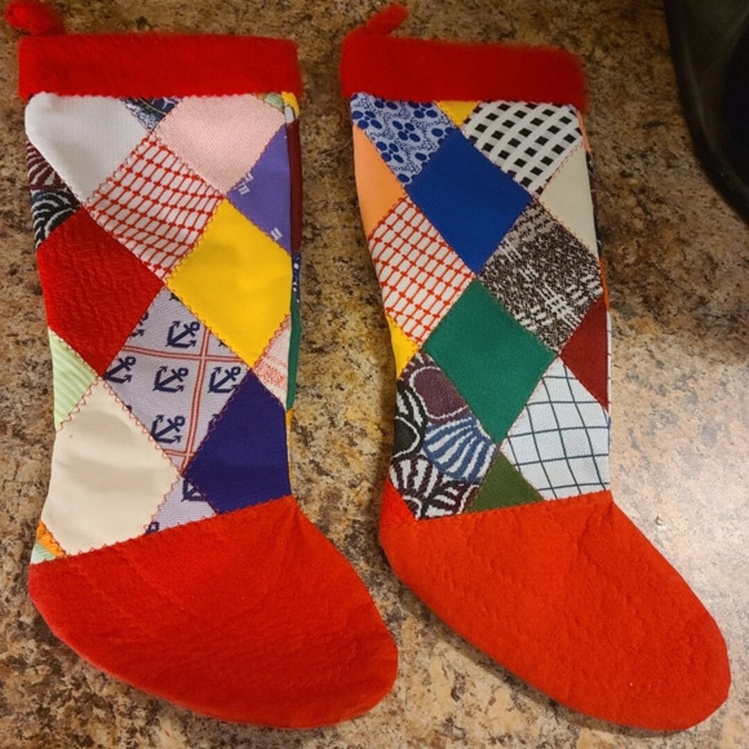 Patchwork Set of 2 Christmas Stockings Handmade Vintage Home Holiday ...