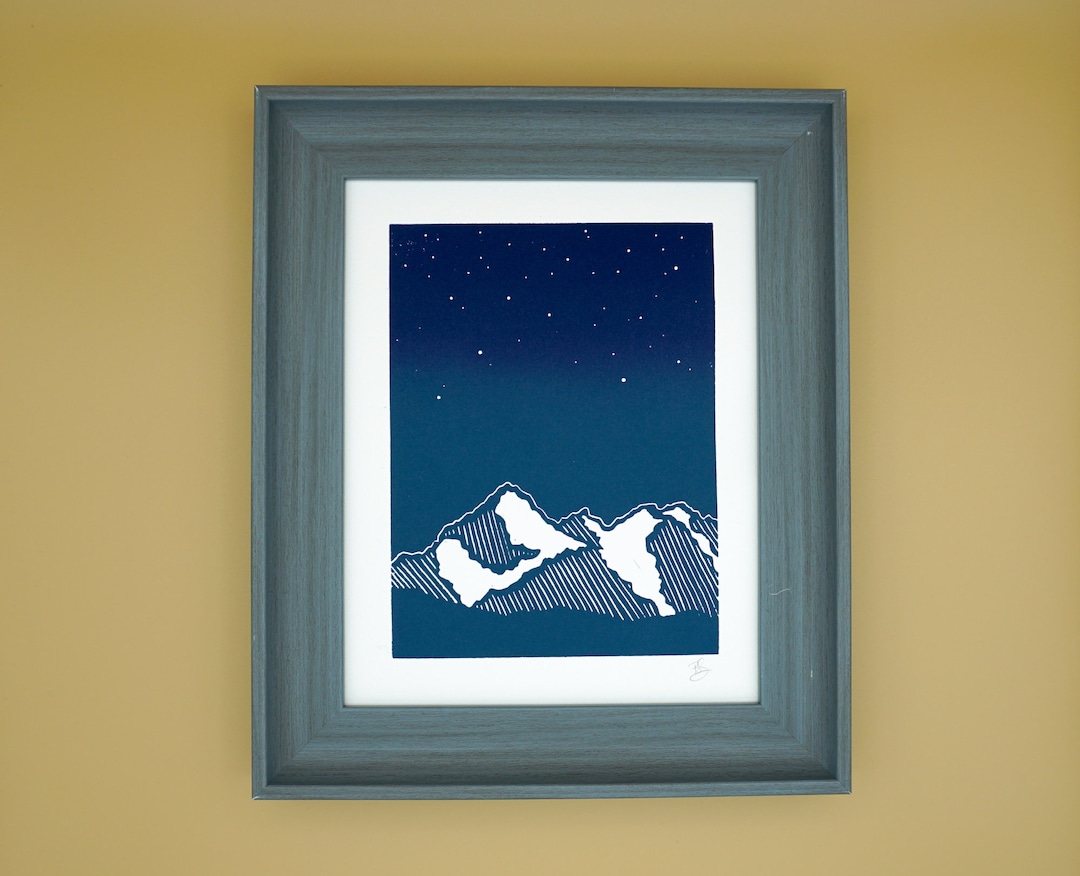 Original Mountain and Night Sky Block Print, Hand Printed by the Artist ...