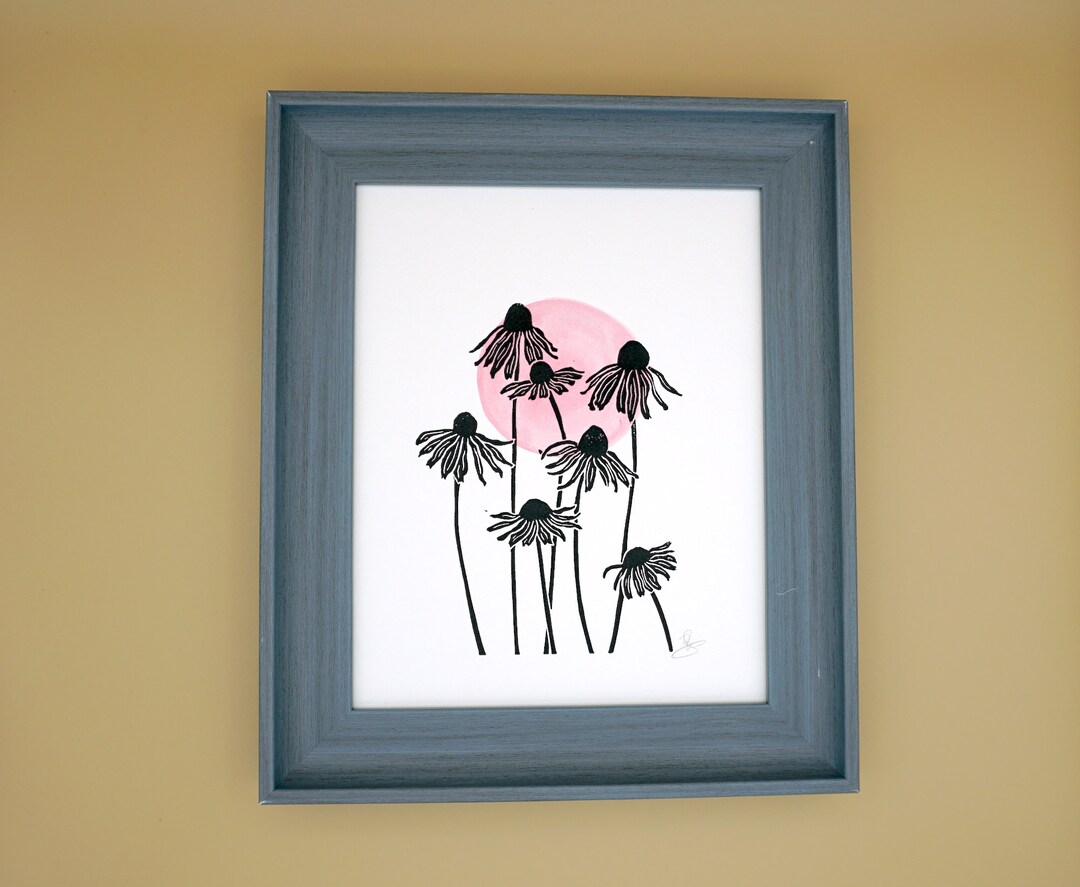 Original Echinacea Daisy Block Print With Watercolour Details, Hand ...