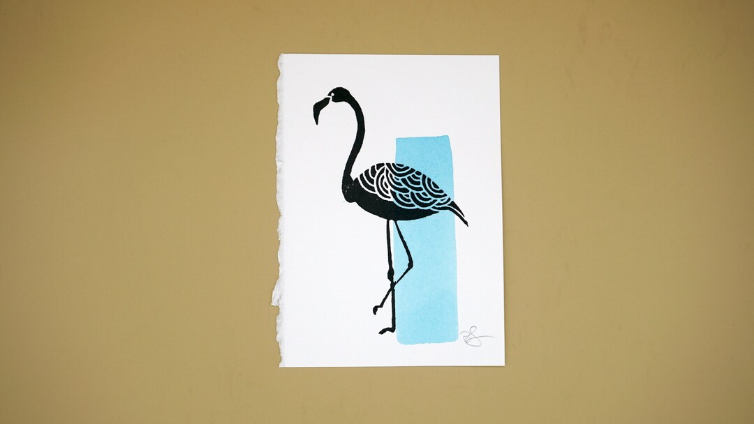 Original Flamingo and Watercolour Block Print, Hand Printed by the ...