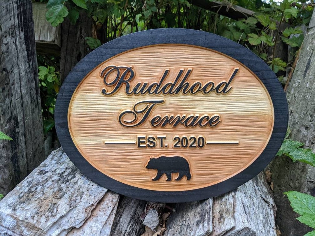 Outdoor Wood Sign, Custom Last Name Address Sign, Small Bear Exterior ...