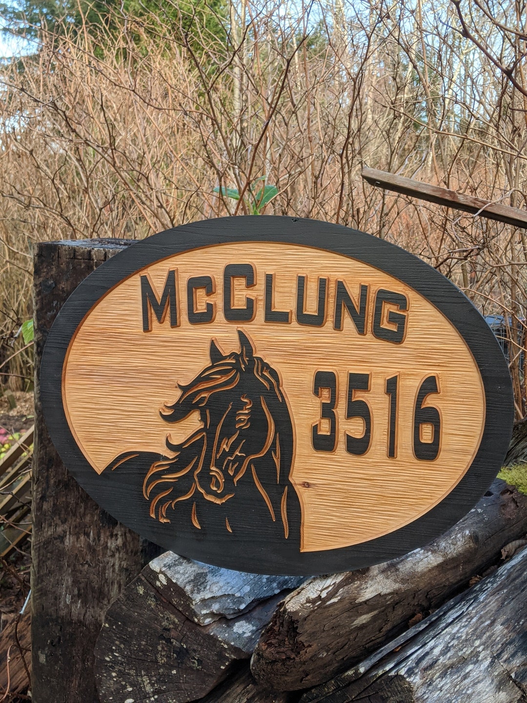 Carved Wood Sign. Estate Driveway Address Rustic Oval Nature Inspired ...