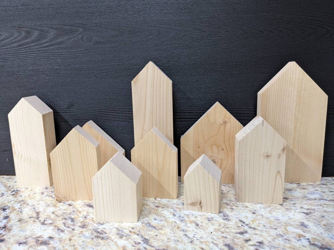 Small Set of Miniature Wood Block Houses, Diy Home Decor Tiered Trays ...