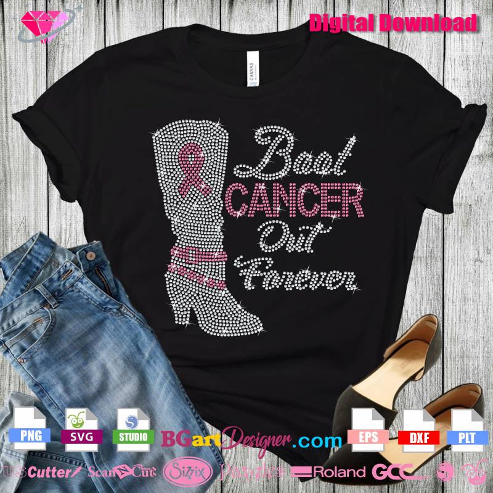 Download Digital Rhinestone Template Boot Cancer Out Forever Pink ...