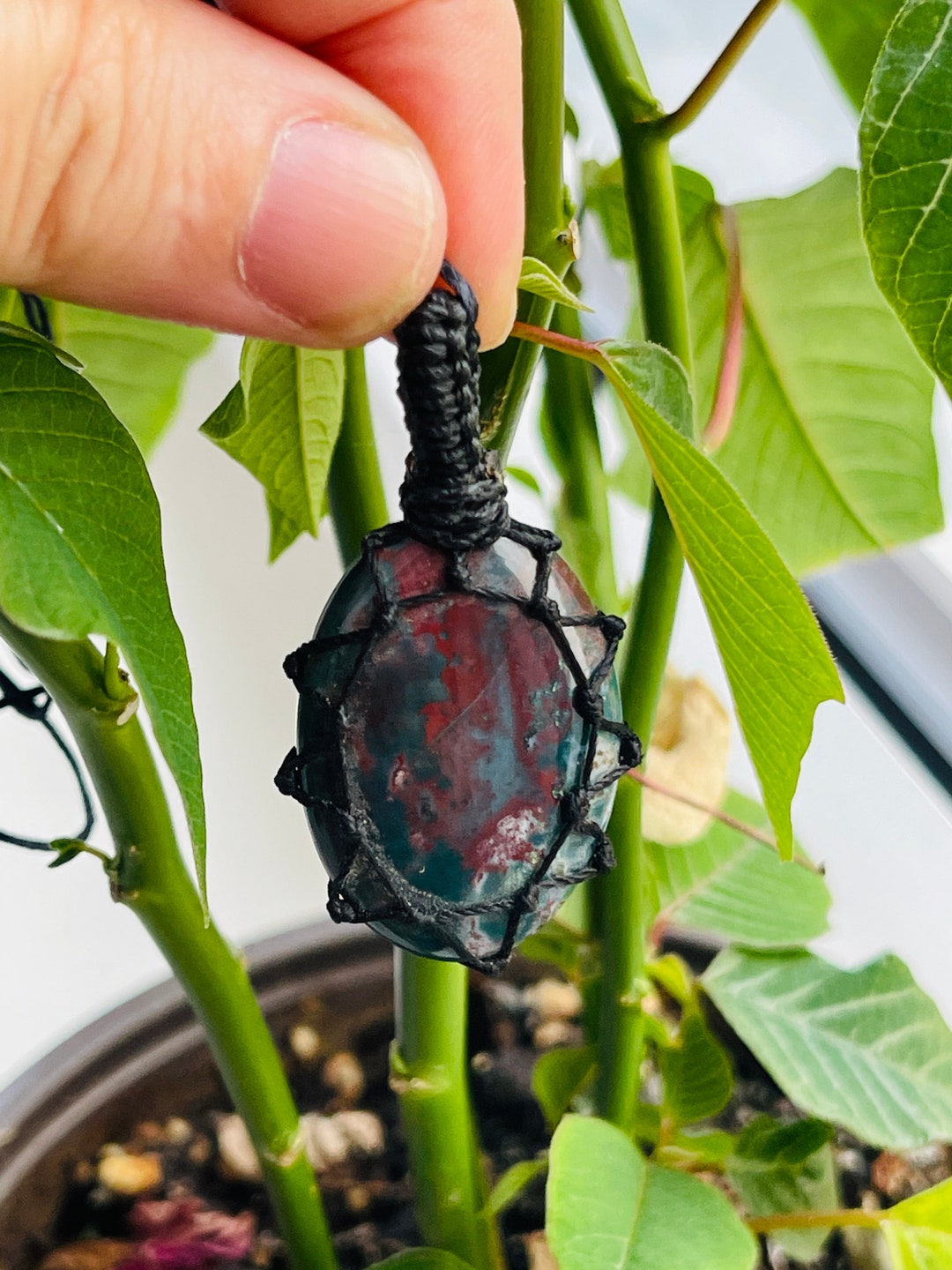 Macrame Bloodstone Amulet, Indian Bloodstone Necklace, Heliotrope ...