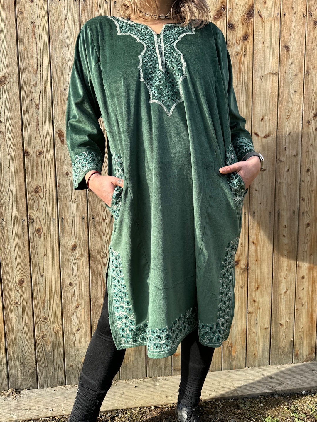 Embroidered Kashmir Velvet Pheran: Green Ethnic Maxi Kurti With Pockets ...