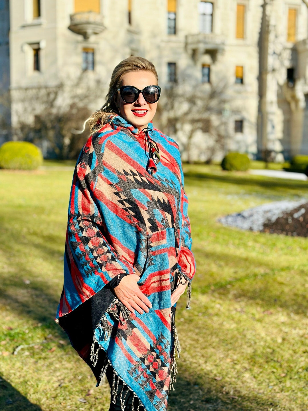 Trendy Yak Wool Blend Poncho, Boho Poncho, Tribal Design Hooded Poncho ...