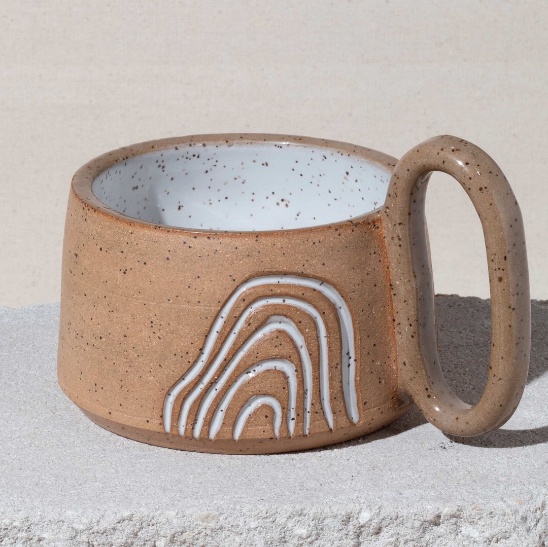 Wide Boho Tan Speckled Stoneware Mug Handmade Ceramic Wave Mug, Boho ...