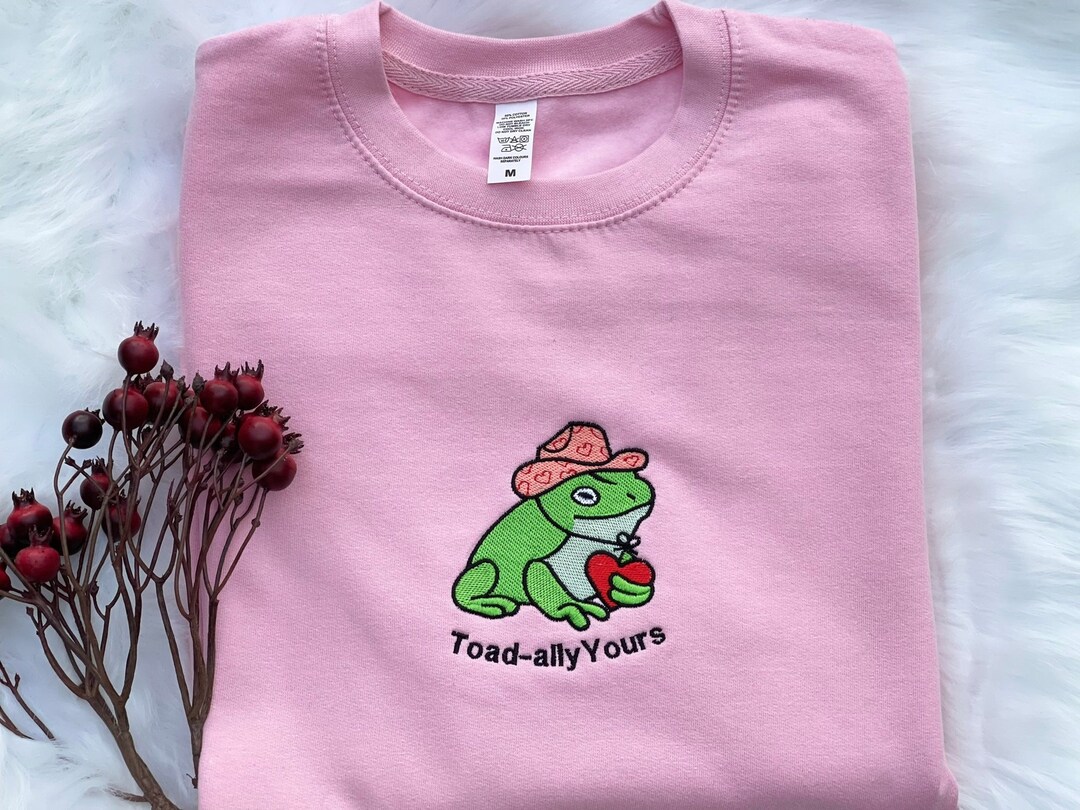 Cute Pink Frog Shirt Embroidered, Funny Frog, Cottagecore, Frog and ...