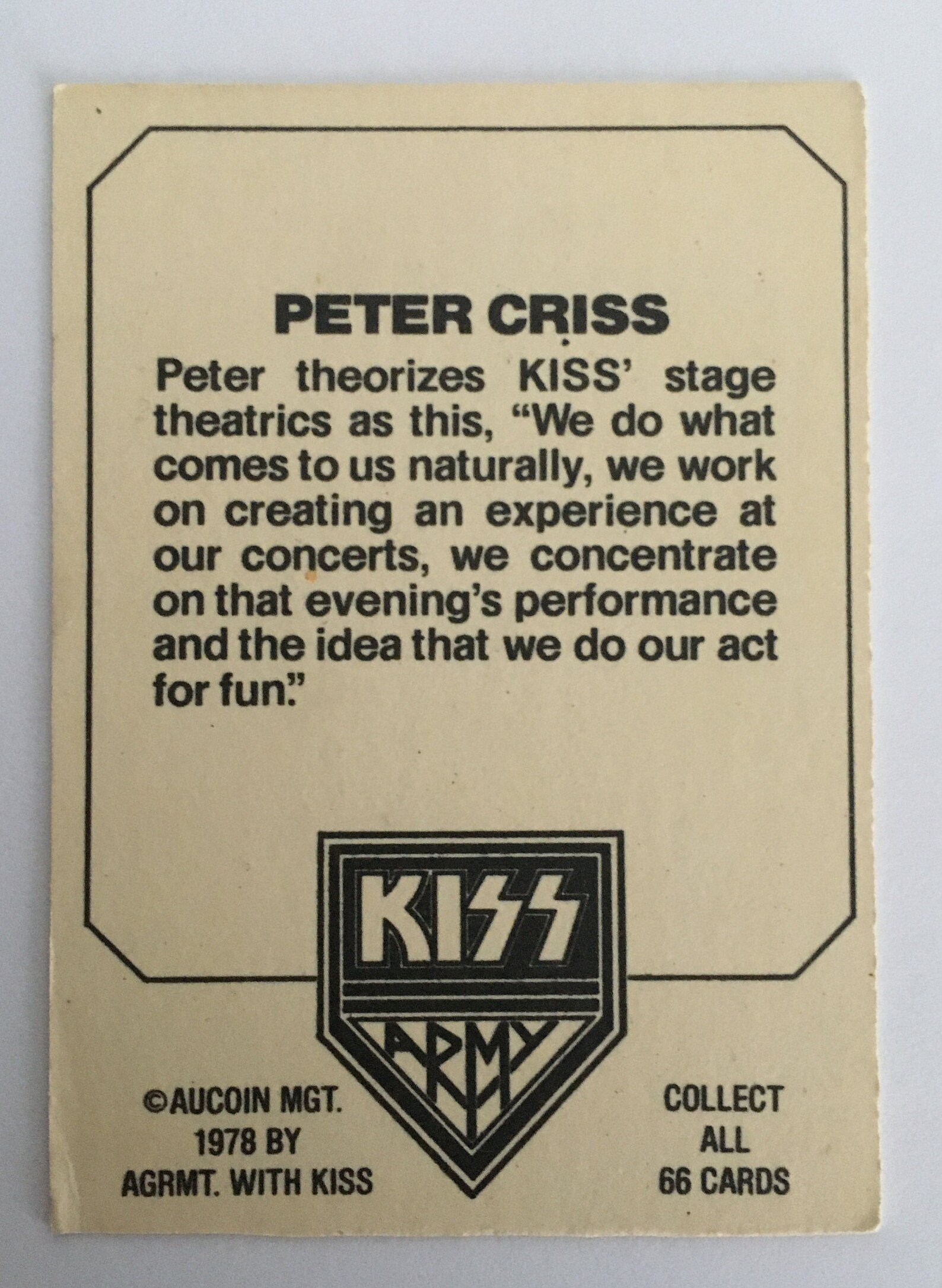 KISS Card 1978 Collector Card Peter Criss Drummer Number 2 Vintage Kiss ...