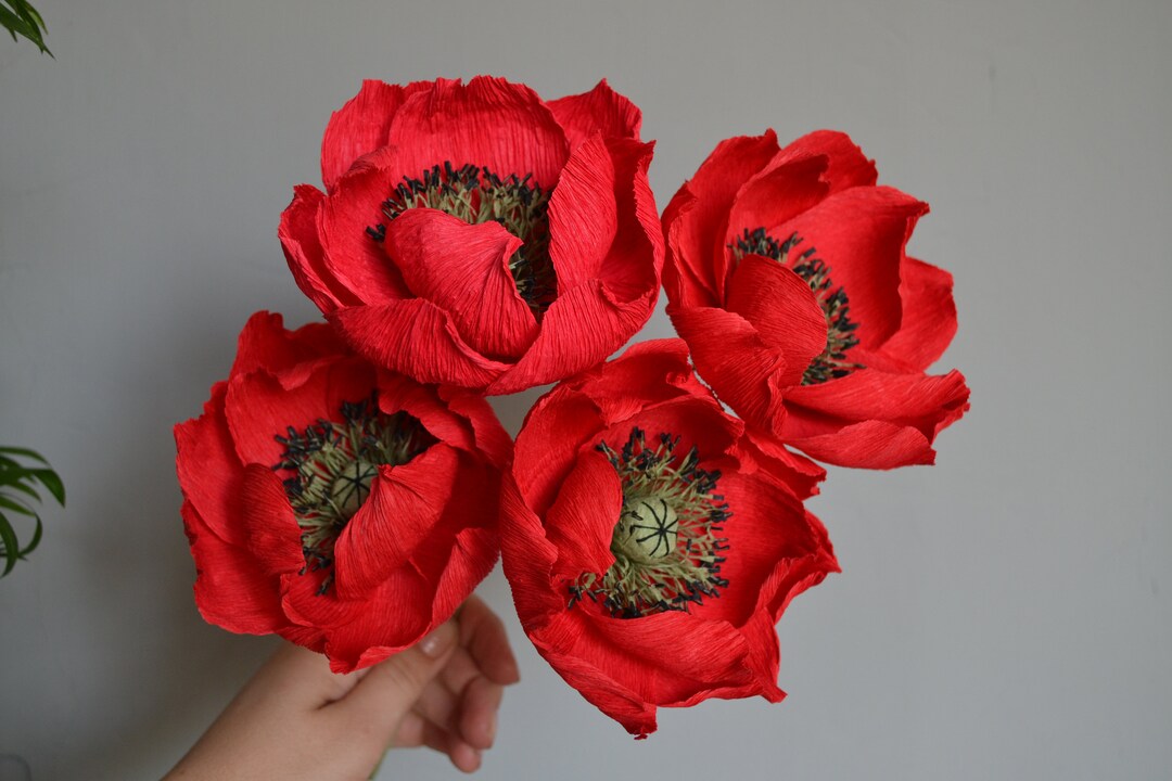 Red Paper Poppy, 4 Red Paper Poppies, Red Artifical Wedding Flower, 1st ...