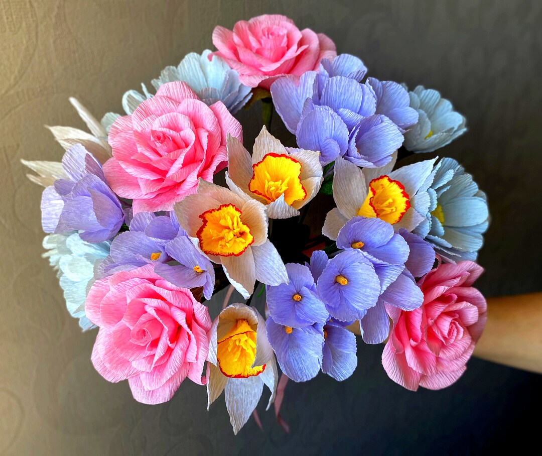 Crepe Paper Flowers Bouquet , Pink Paper Roses, Artificial Bouquet, 1th ...