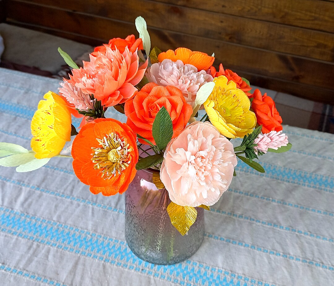 Bright Orange Paper Flowers Bouquet, Housewarming Flower Gift, Handmade ...