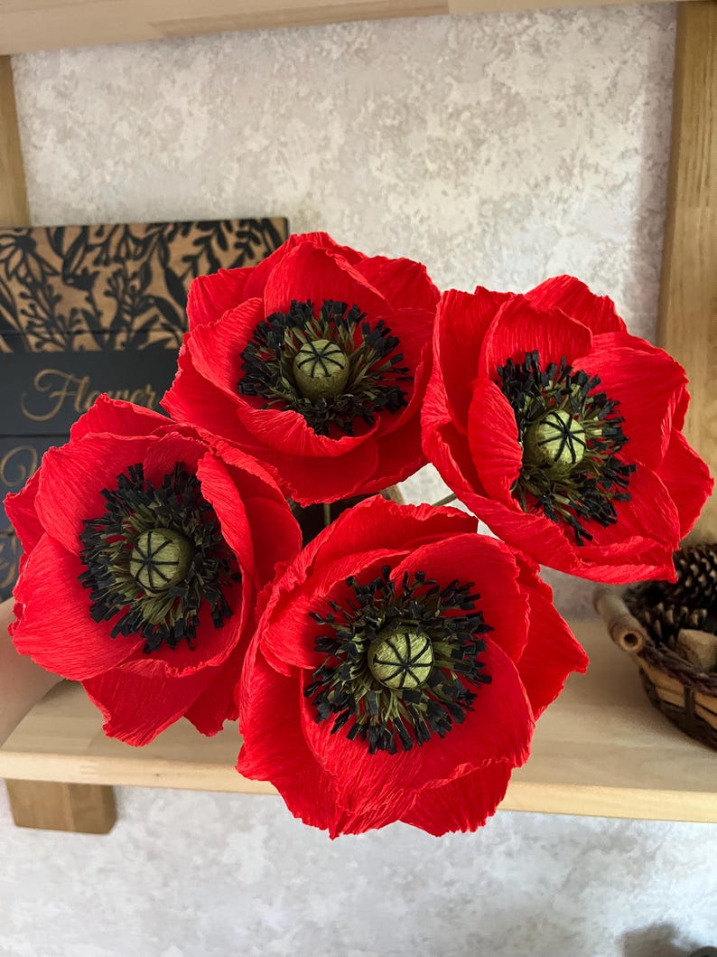 Red Paper Poppy, 4 Red Paper Poppies, Red Artifical Wedding Flower, 1st ...