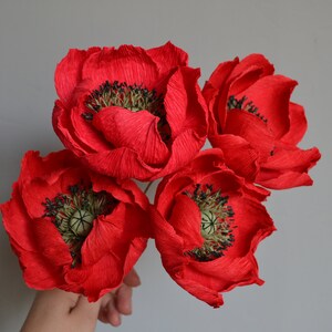 Red Paper Poppy, 4 Red Paper Poppies, Red Artifical Wedding Flower, 1st ...