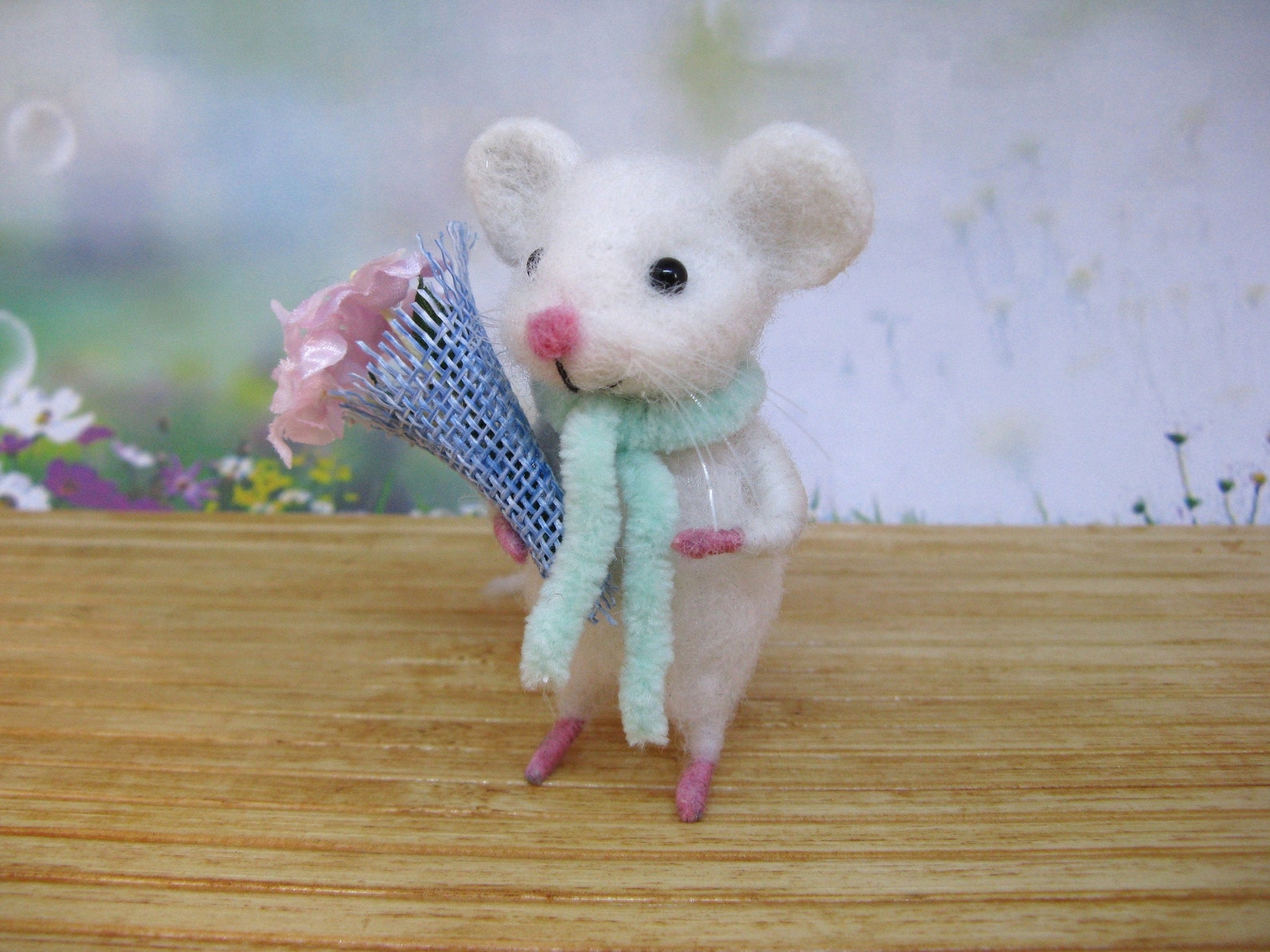 Felted White Mouse Figurine: Wool Miniature With Flowers - Etsy