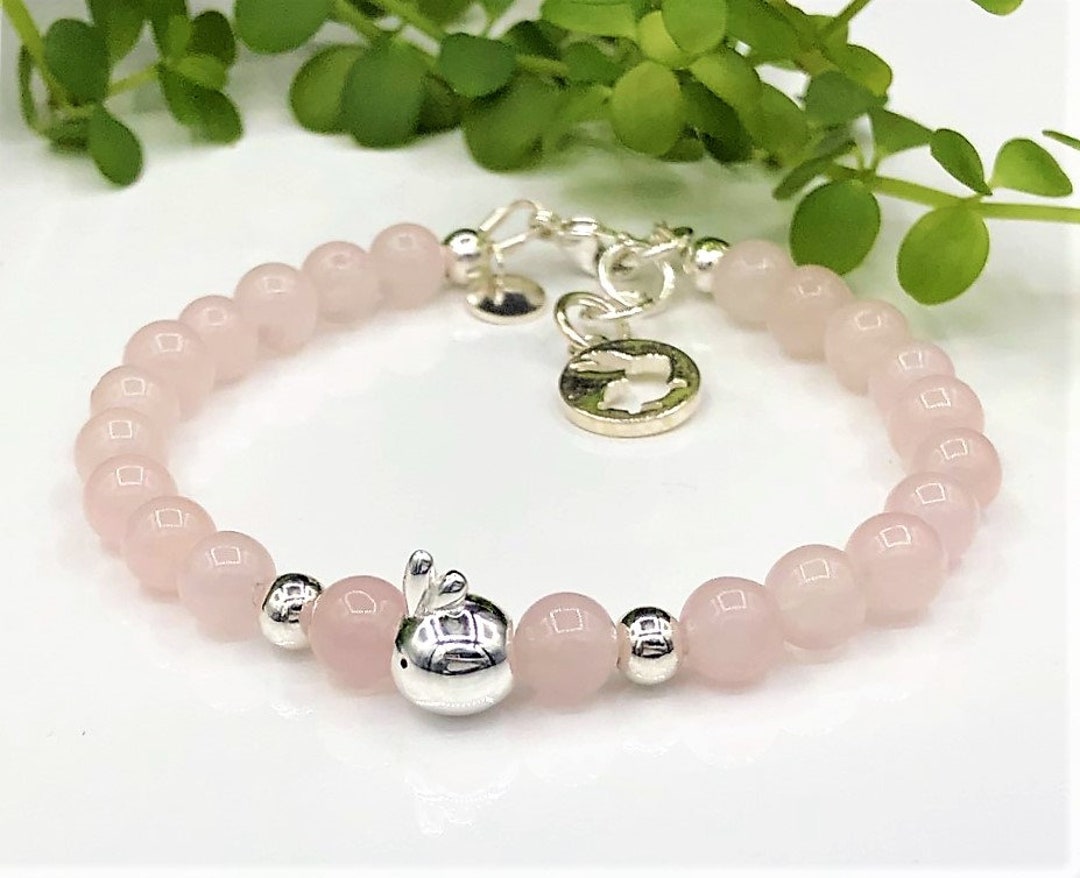 Rose Quartz Rabbit Bunny Gemstone Bracelet in Silver October Birthstone ...