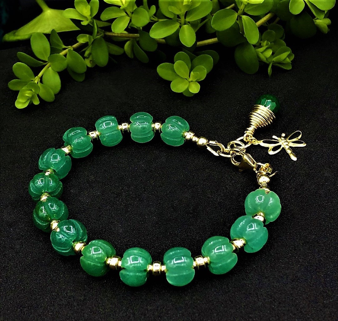 Jade Pumpkin Carved Gemstone Bracelet in Gold: 12th Anniversary - Etsy
