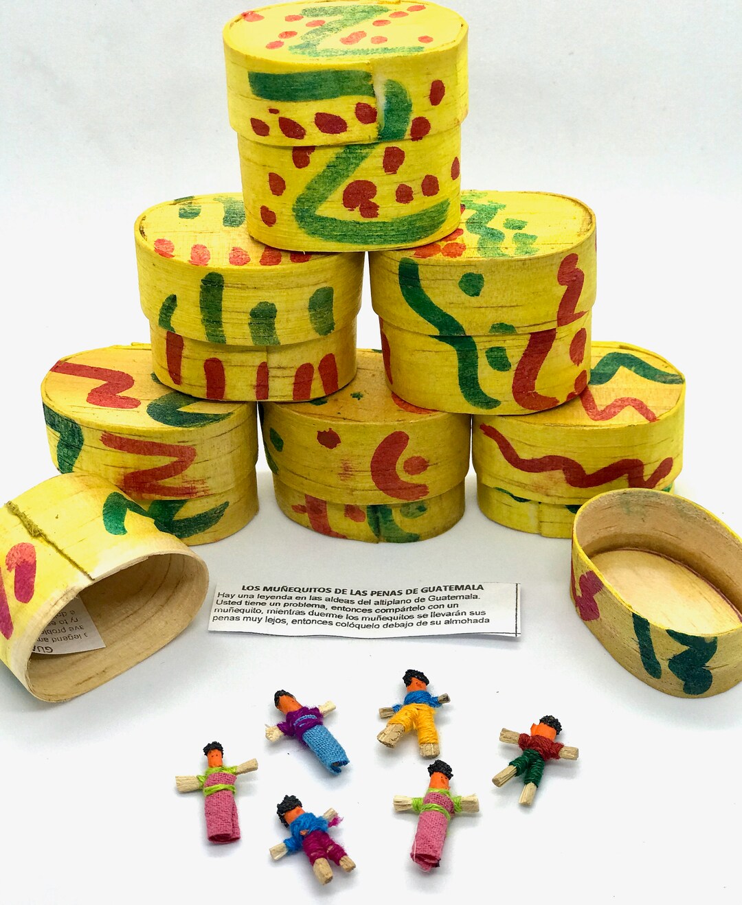 Guatemalan Worry Dolls With Hand Painted Box and Printed Mayan Legend ...