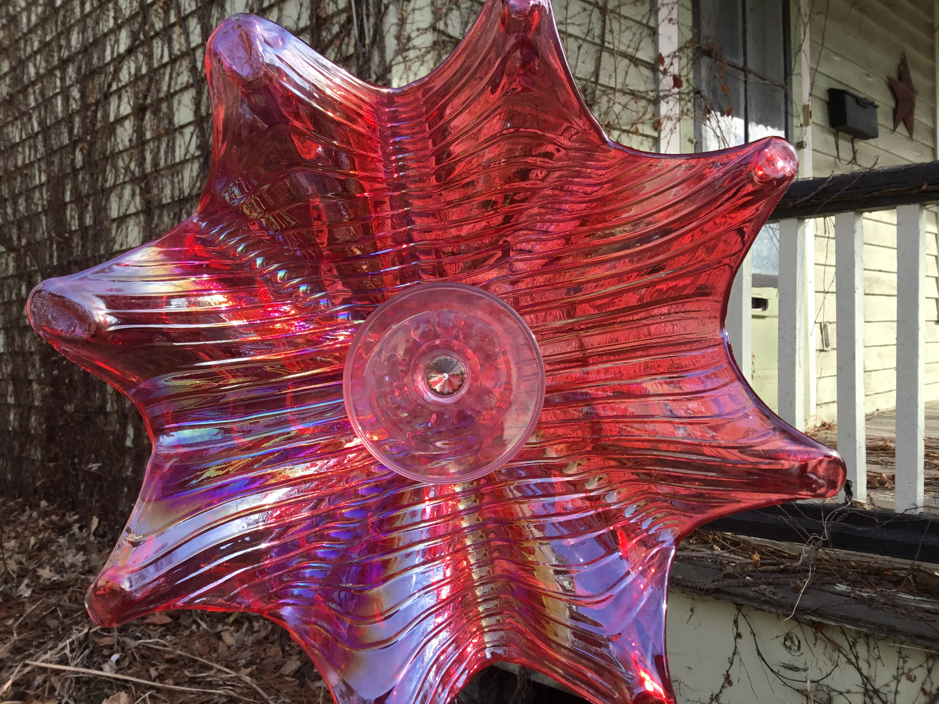 Stunning Red Carnival Glass Flower Yard Art Plate Flowers | Etsy
