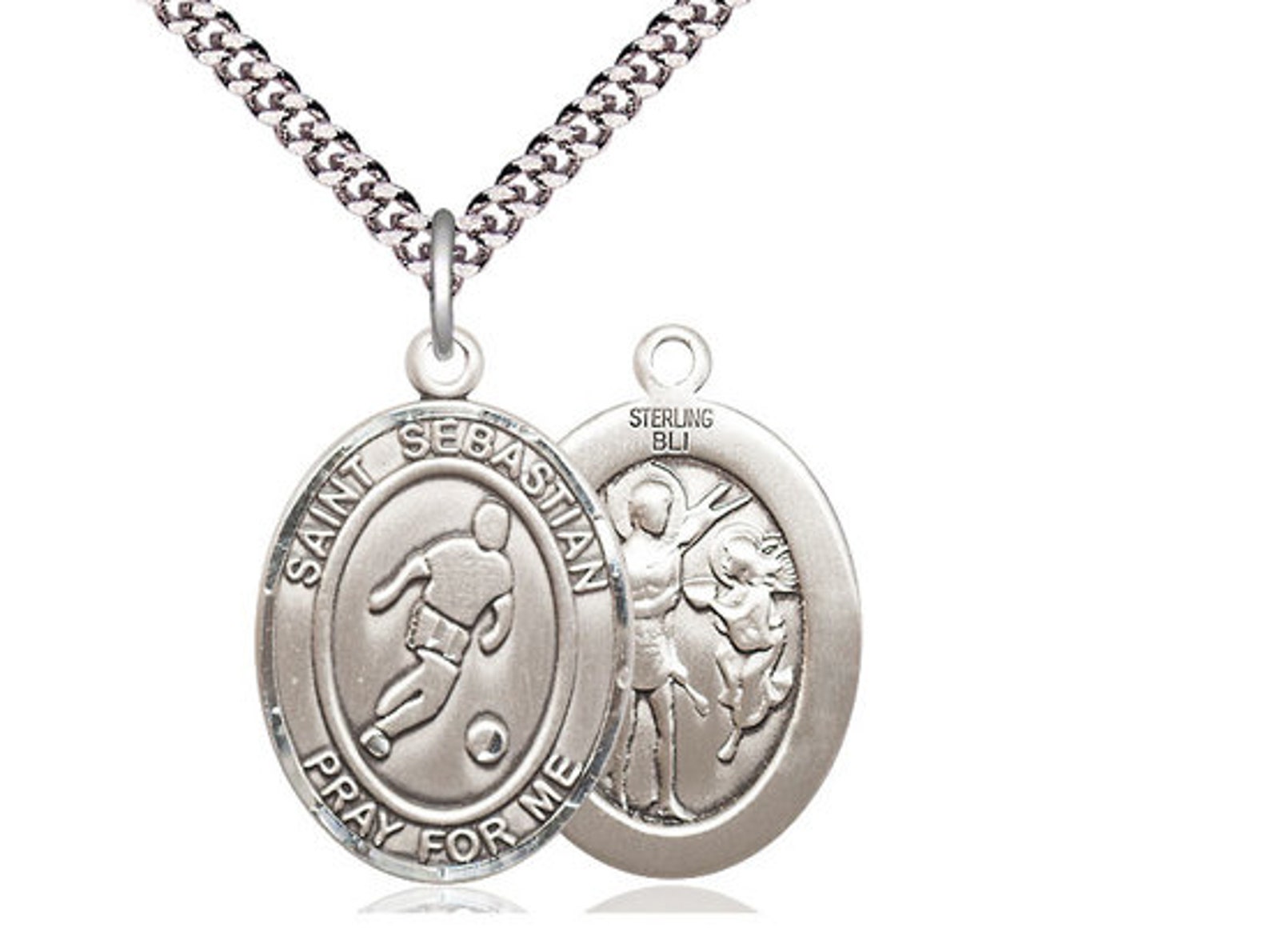 St Sebastian Soccer Sterling Silver Pendant on a 24 Inch Light Rhodium ...