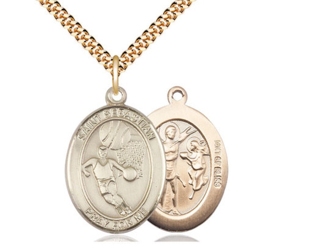St Sebastian Basketball Pendant on a 24 Inch Gold Plated Heavy Curb ...