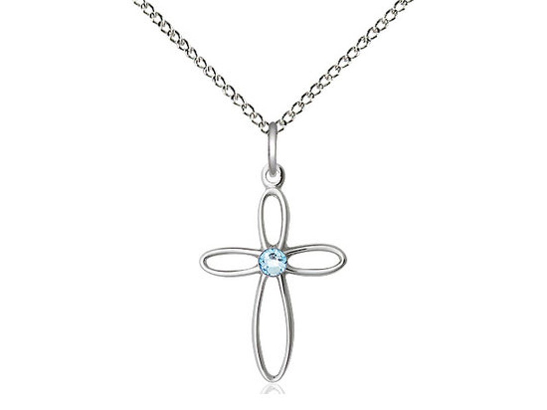 Sterling Silver Loop Cross Pendant With a 3mm Aqua Swarovski Stone on a ...