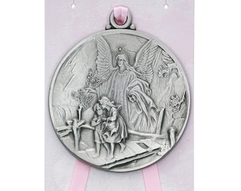 Guardian Angel Crib Medal With White and Pink Ribbons for Baby Girls - Etsy