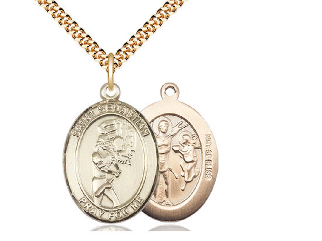 St Sebastian Softball Pendant on a 24 Inch Gold Plated Heavy Curb Chain ...