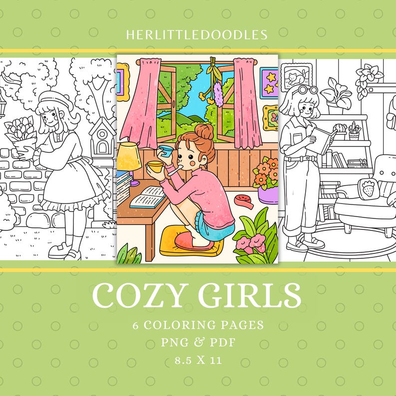 Cozy Girls at Home, Coloring Sheets, Coloring Pages, Instant Download ...