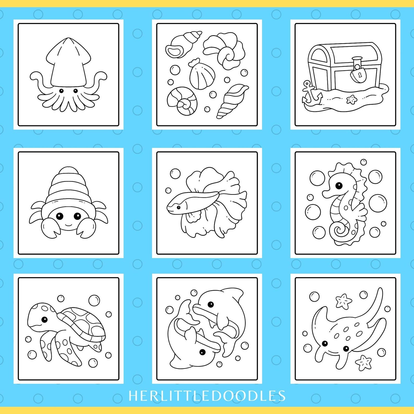 Ocean Kawaii Coloring Pages: Sea Creatures Printable (PDF/PNG) - Etsy