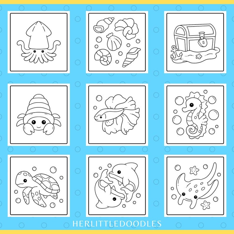 Ocean Kawaii Coloring Pages: Sea Creatures Printable (PDF/PNG) - Etsy