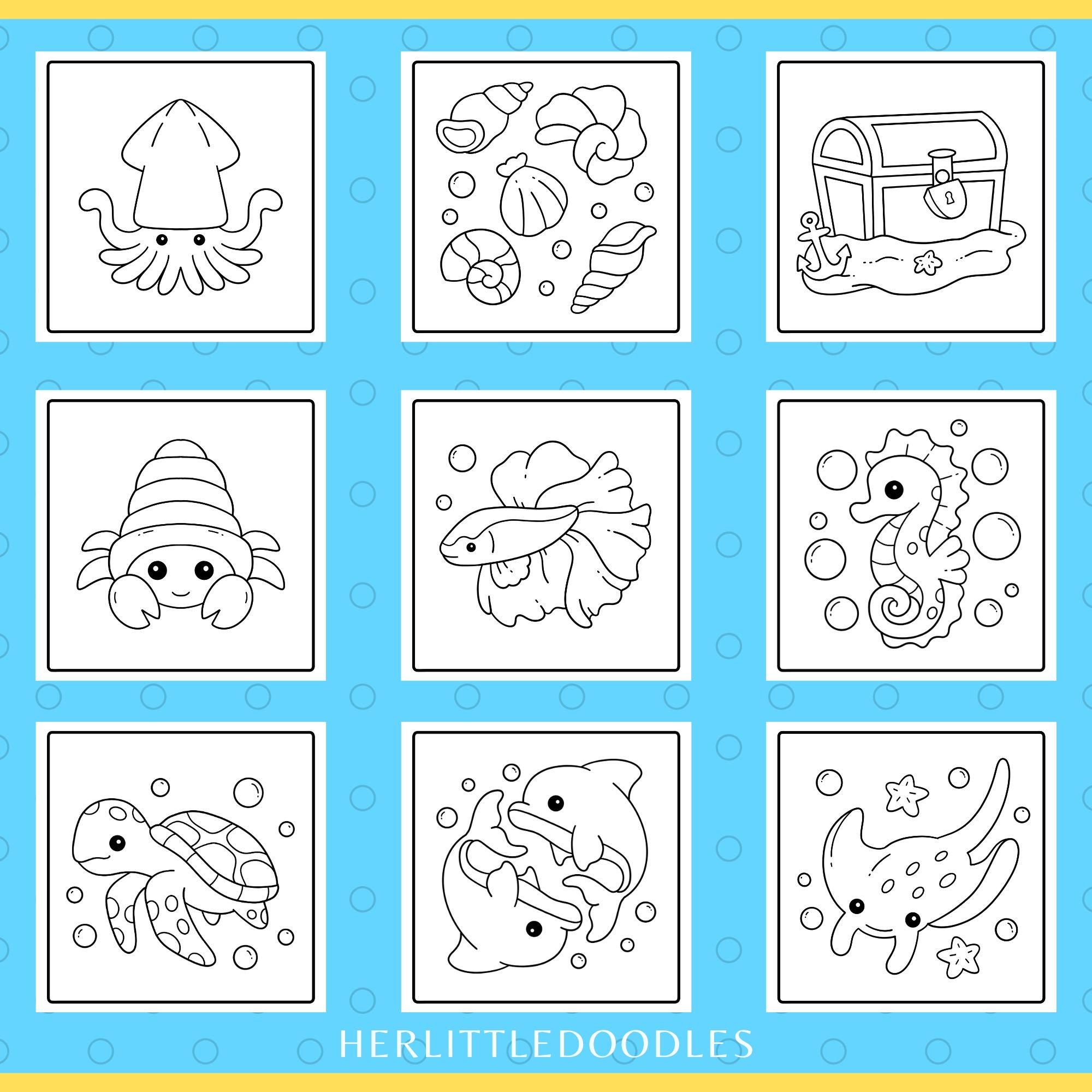 Ocean Kawaii Coloring Pages: Sea Creatures Printable (PDF/PNG) - Etsy