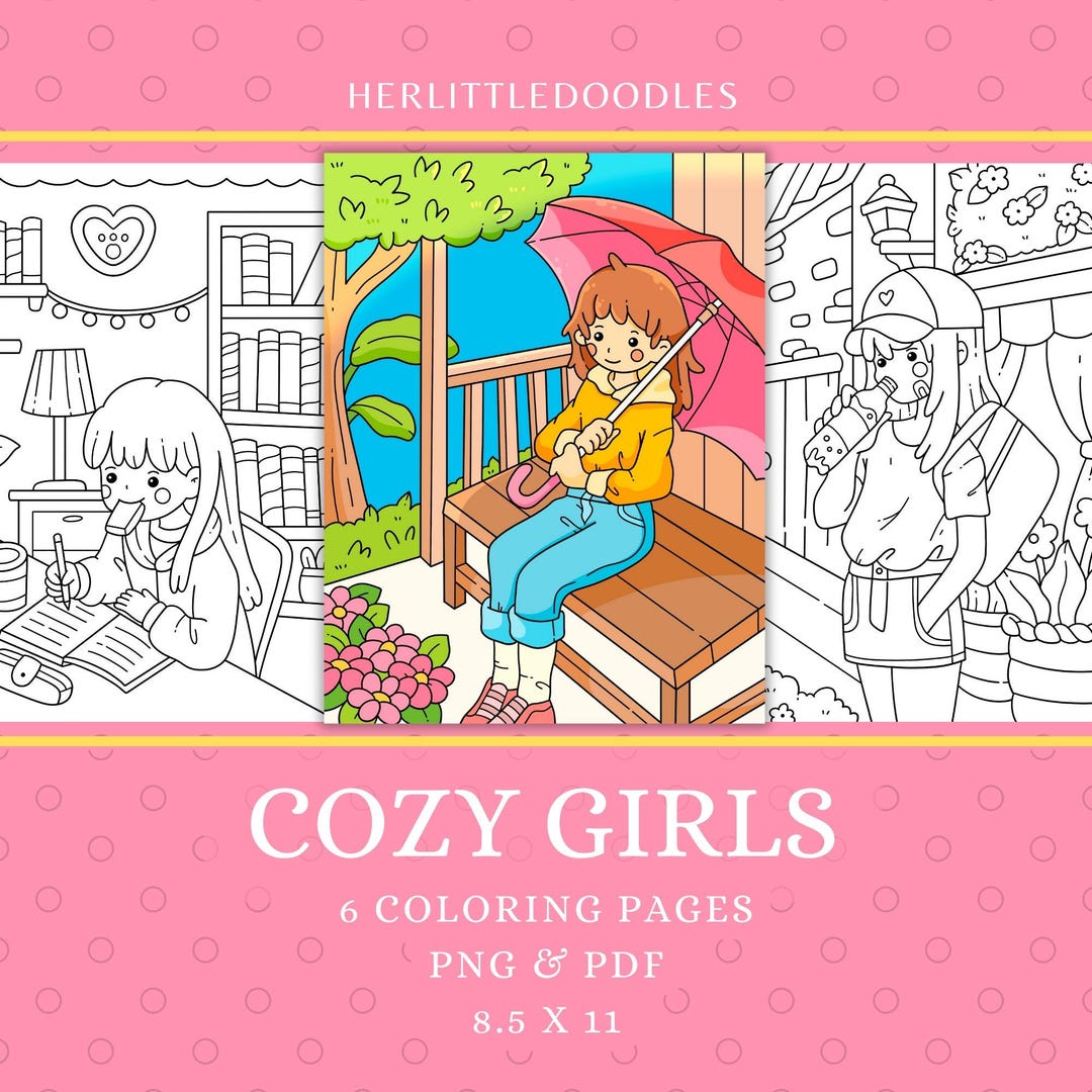 Kawaii Cozy Girls Coloring Pages: Garden Printable (PNG, PDF) - Etsy