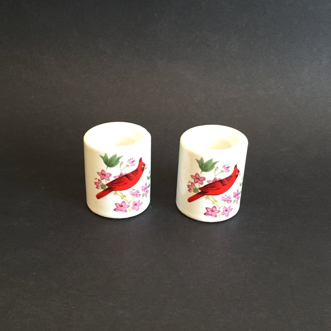 Vintage Ironstone Red Bird, Cardinal Candle Holders With Pink Flowers ...