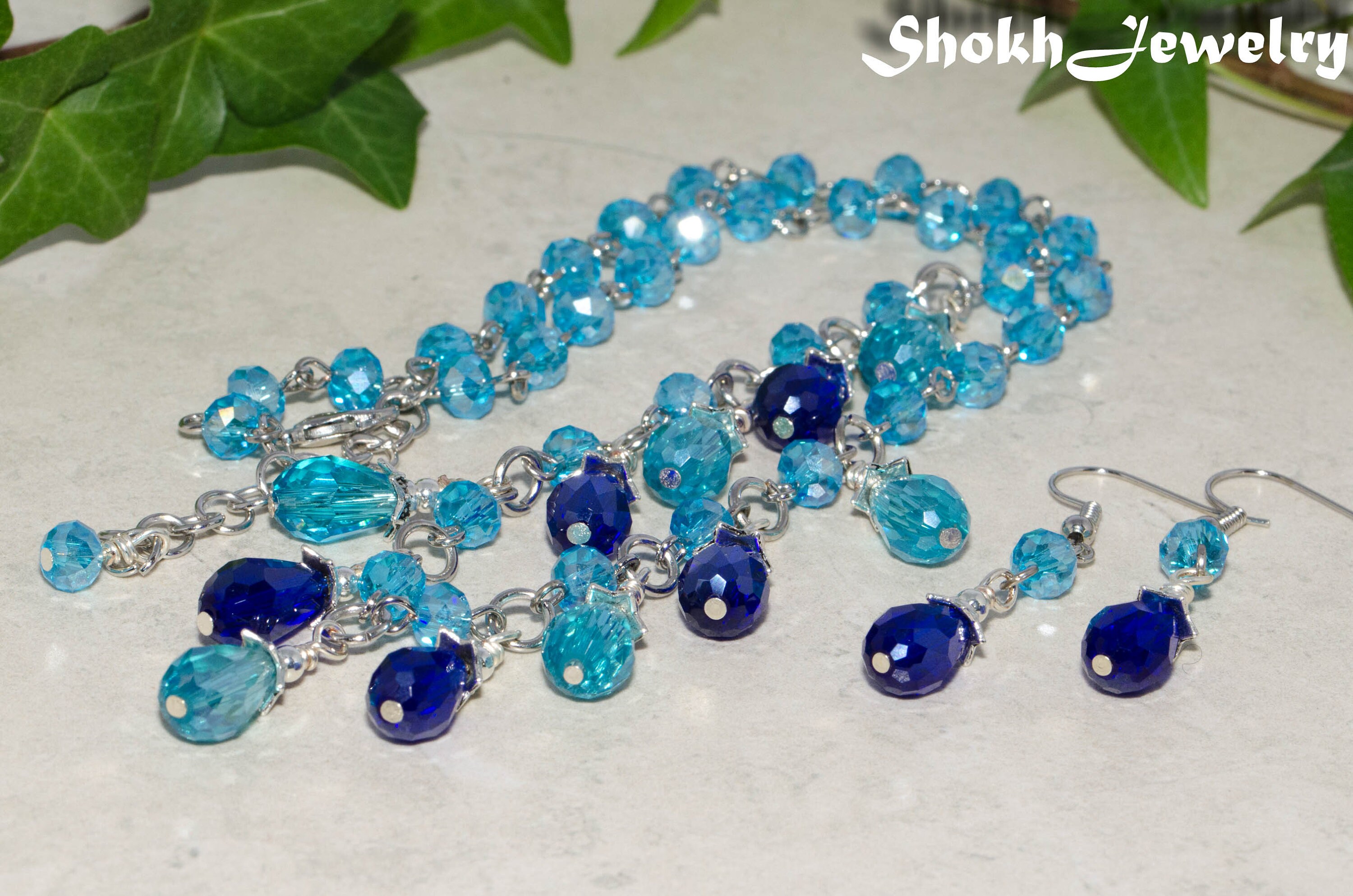 Blue Teardrop Glass Crystal Necklace and Earrings Set | Etsy