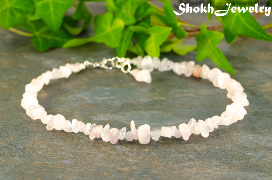 Rose Quartz Anklet, Pink Gemstone Chip Anklet for Women, Raw Crystal ...