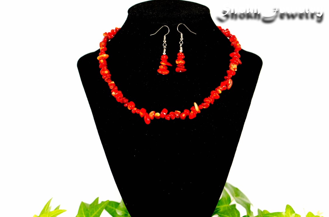 Natural Red Coral Necklace and Earrings Set, Statement Raw Gemstone ...