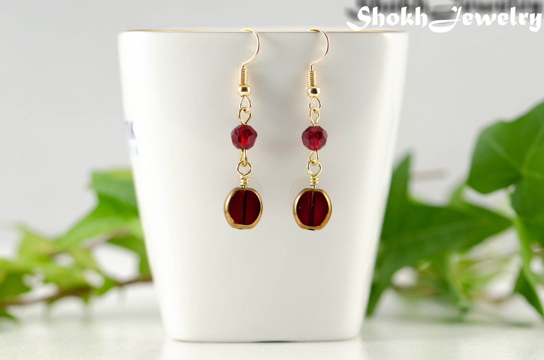 Dark Red Glass Earrings, Handmade Rustic Boho Earrings, Medium Long ...