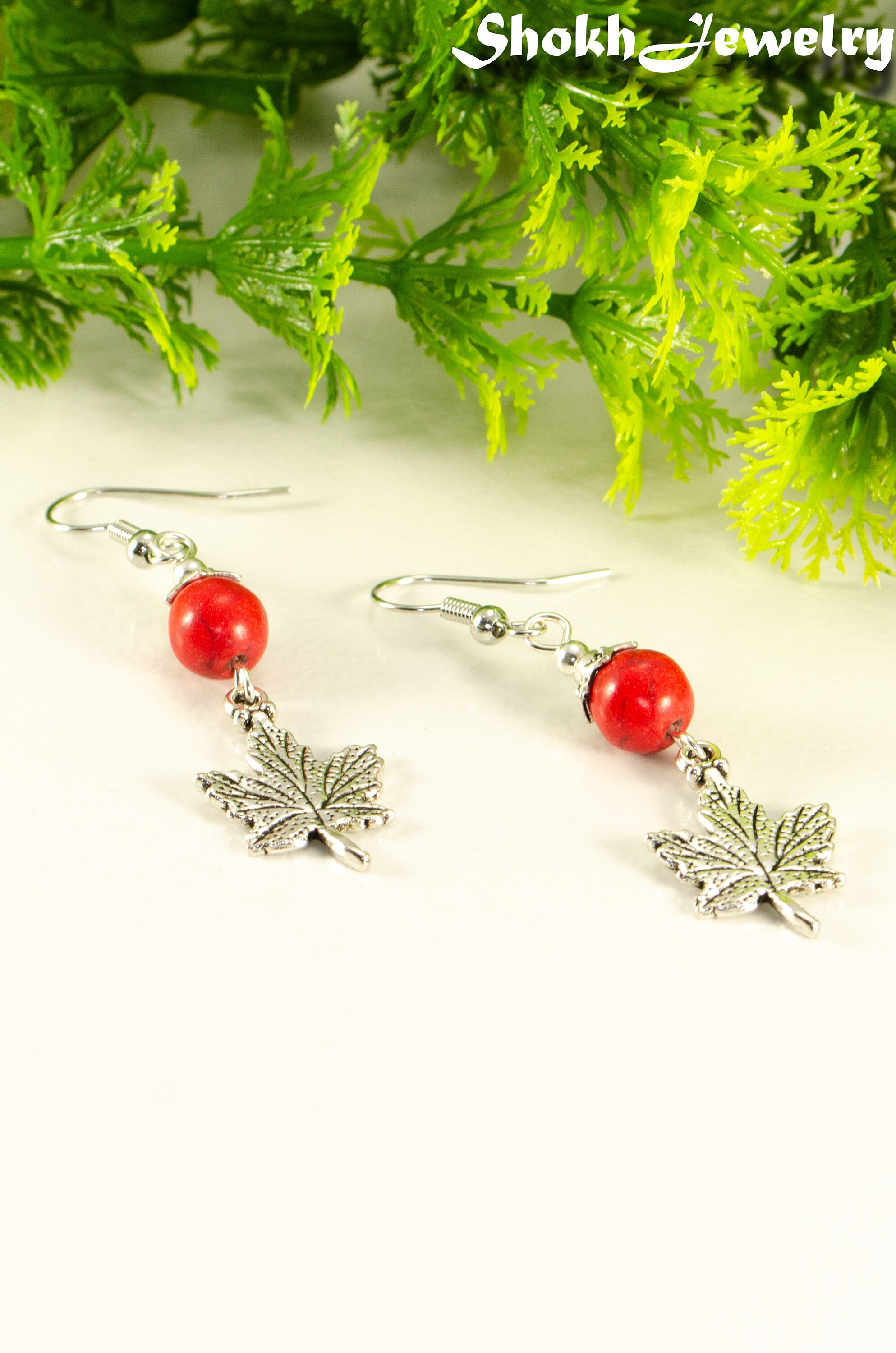Tibetan Silver Maple Leaf Earrings, Red Howlite Earrings, Natural ...