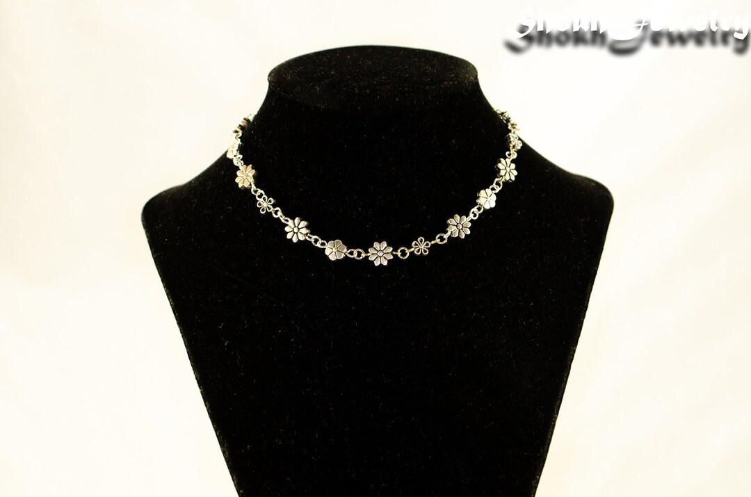 Dainty Flower Choker Necklace, Tibetan Silver Floral Choker, Handmade ...