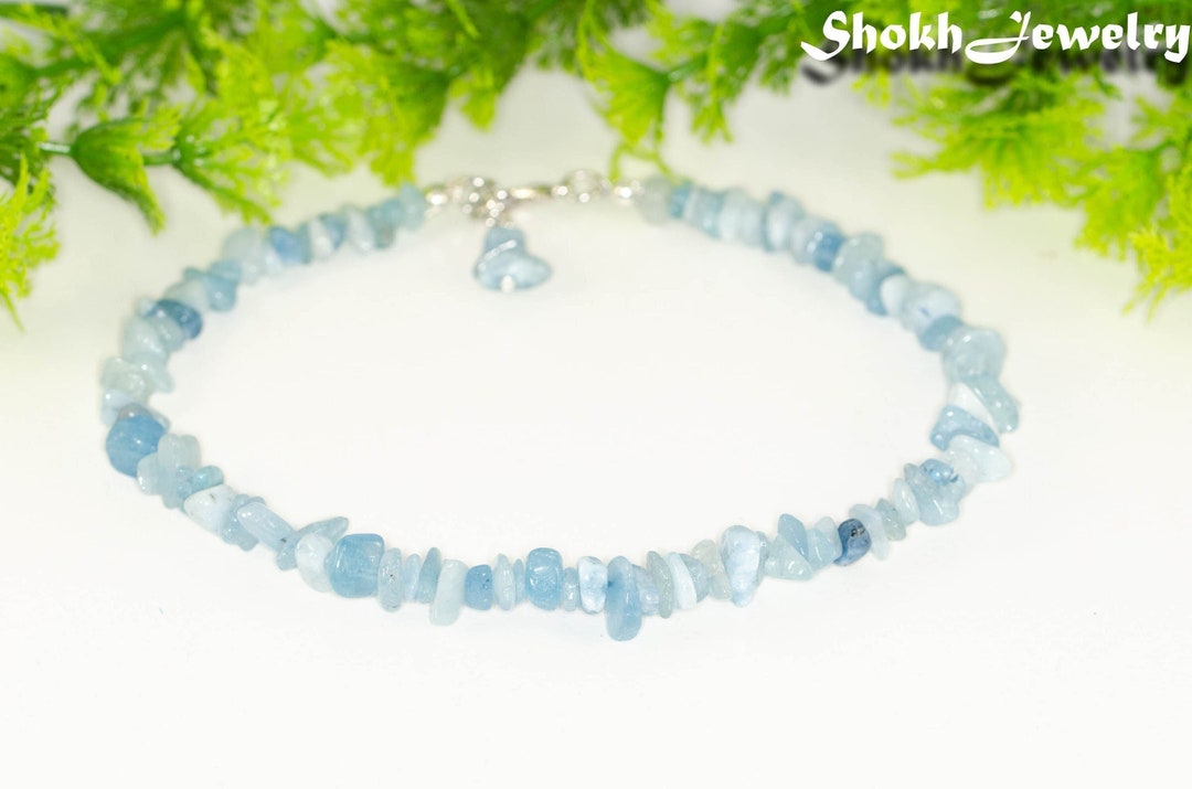 Aquamarine Anklet, March Birthstone Anklet, Blue Gemstone Chip Ankle ...