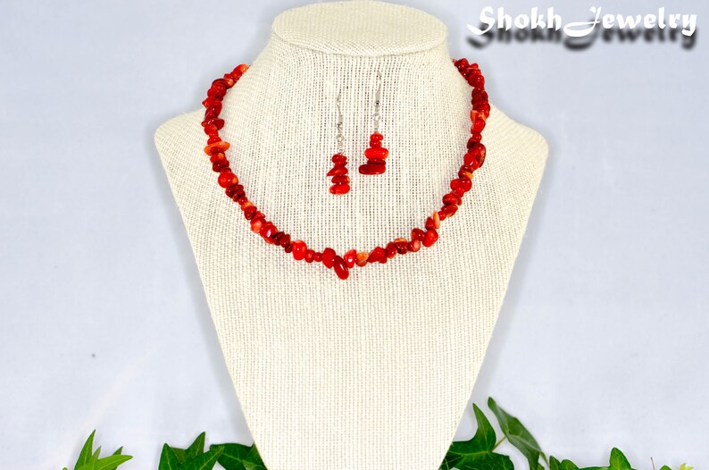 Natural Red Coral Necklace and Earrings Set, Statement Raw Gemstone ...